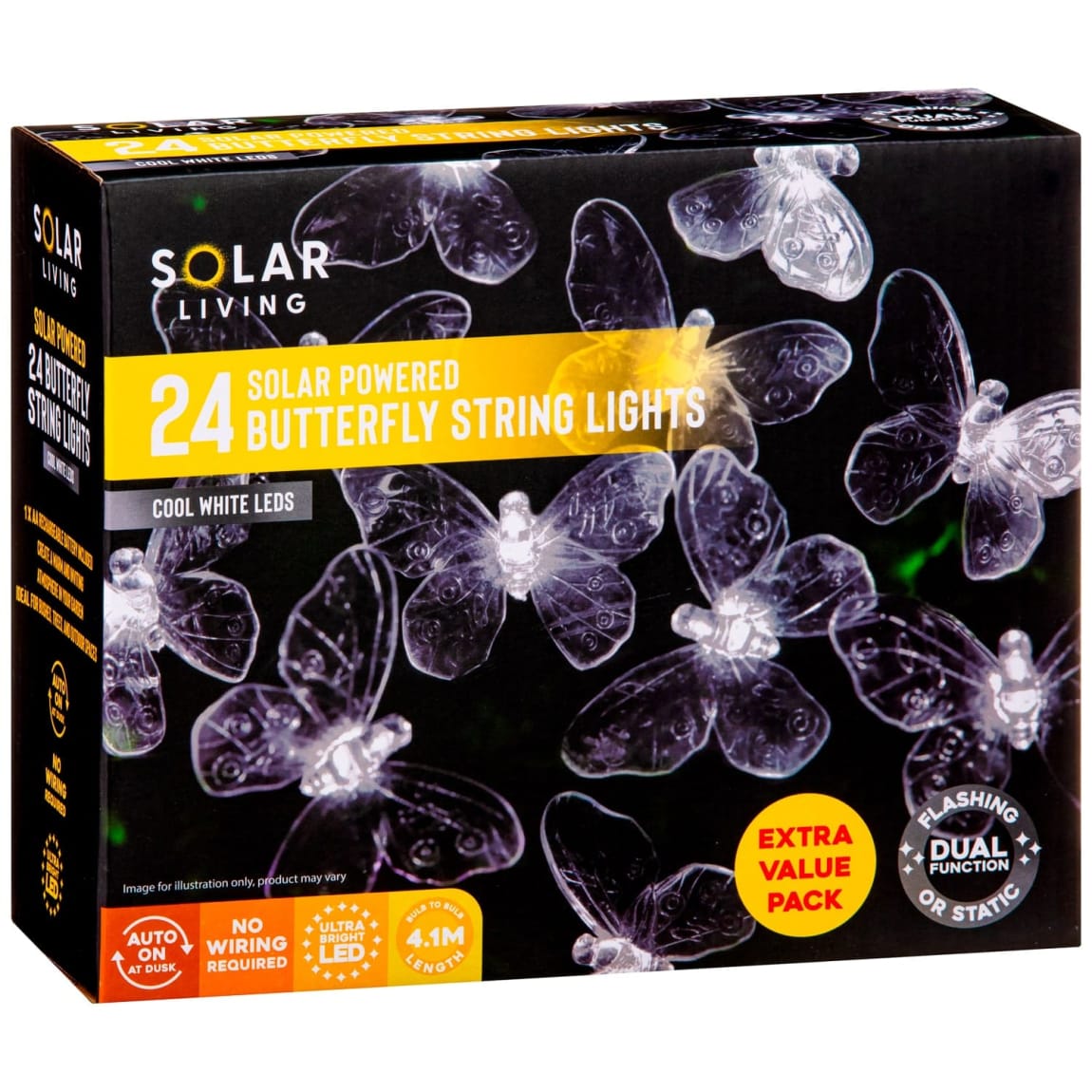 24 Solar LED Butterfly String Lights - White | Garden - B&M