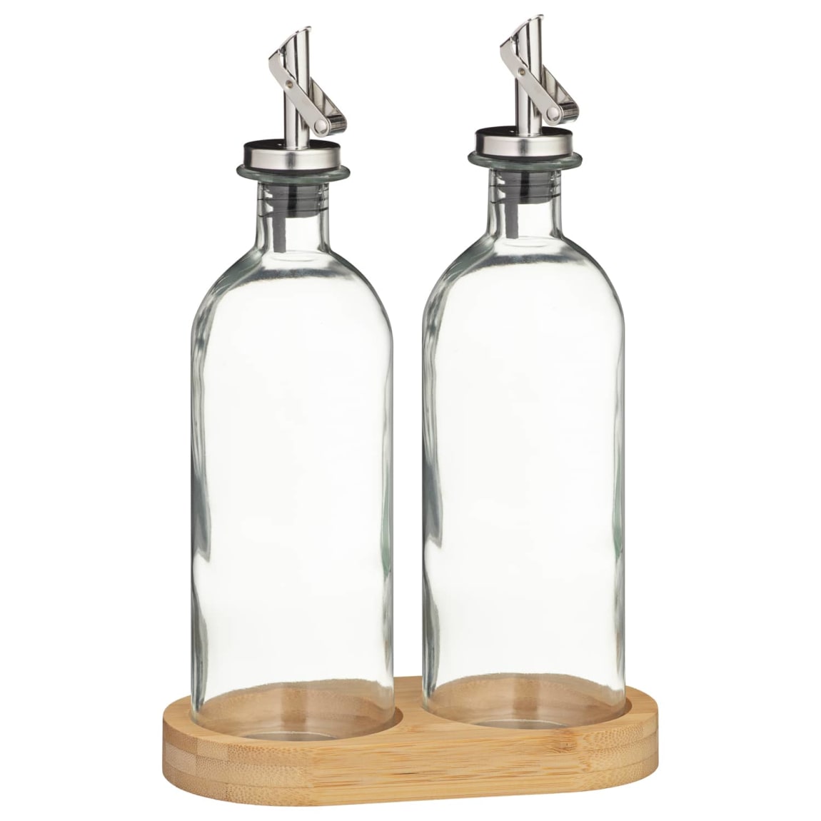 Set of Glass Oil/Vinegar Bottles on Bamboo Stand | B&M