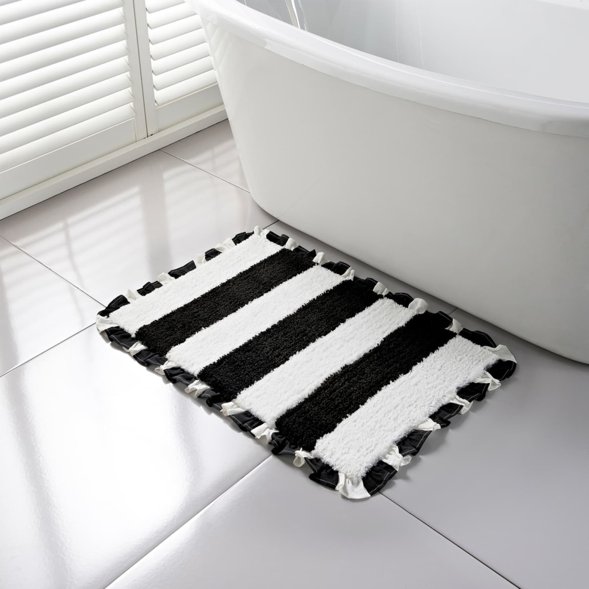 Ruffle Edge Stripe Bath Mat - Black | Bathmats | B&M