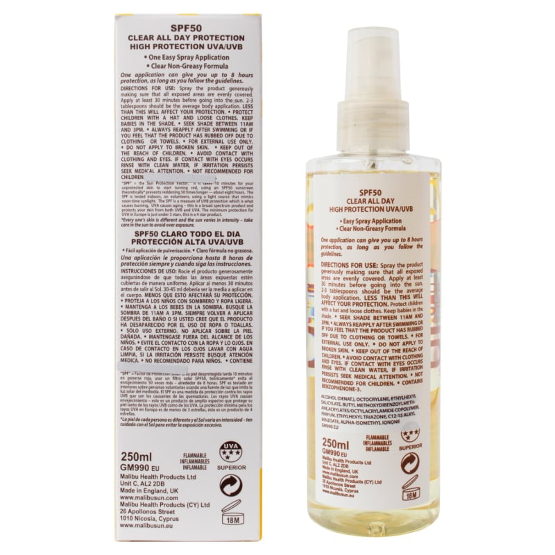 Malibu Clear All Day Protection Spray SPF50 250ml | Sun Cream | B&M