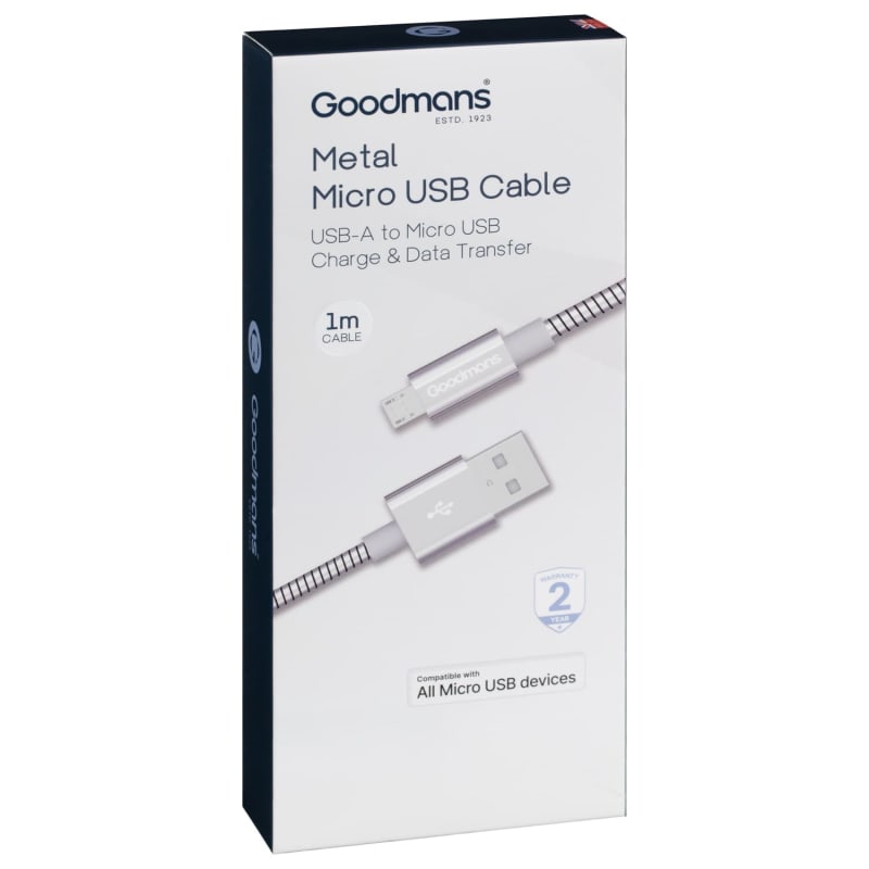 Goodmans Mini USB Metal Charging Cable - Silver - B&M