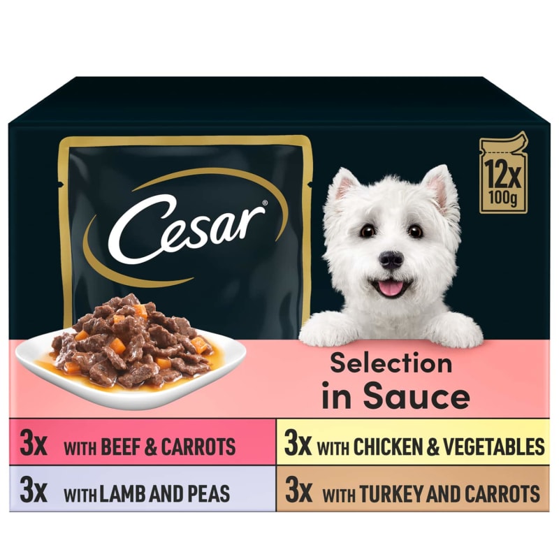 Cesar Wet Dog Food Pouches Favourites in Sauce 12 x 100g - B&M