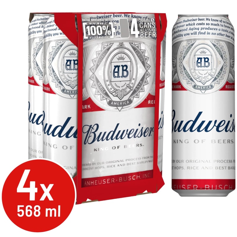 Budweiser Beer Cans 4 x 568ml | Alcohol - B&M