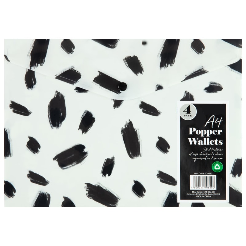 A4 Popper Wallets 4pk - Black & White | Stationery - B&M
