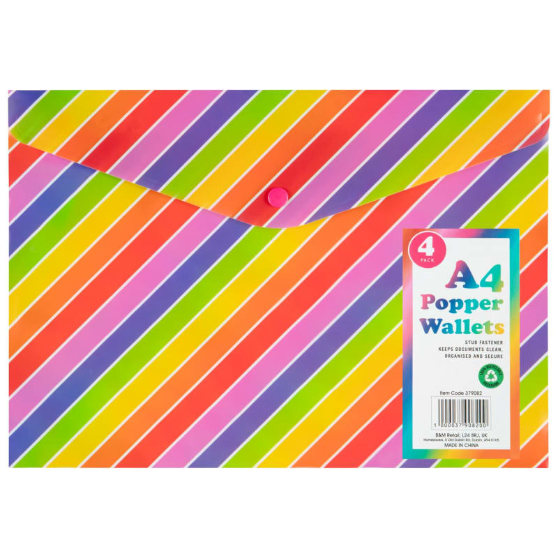 A4 Popper Wallets 4pk - Rainbow | Stationery - B&M