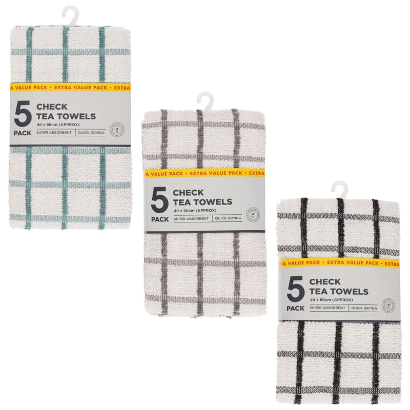 Essentials Check Tea Towels - Duck Egg 5pk | Tea Towels - B&M Stores