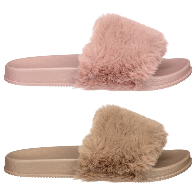 Ladies Fluffy Sliders - Blush | Women's Footwear | B&M