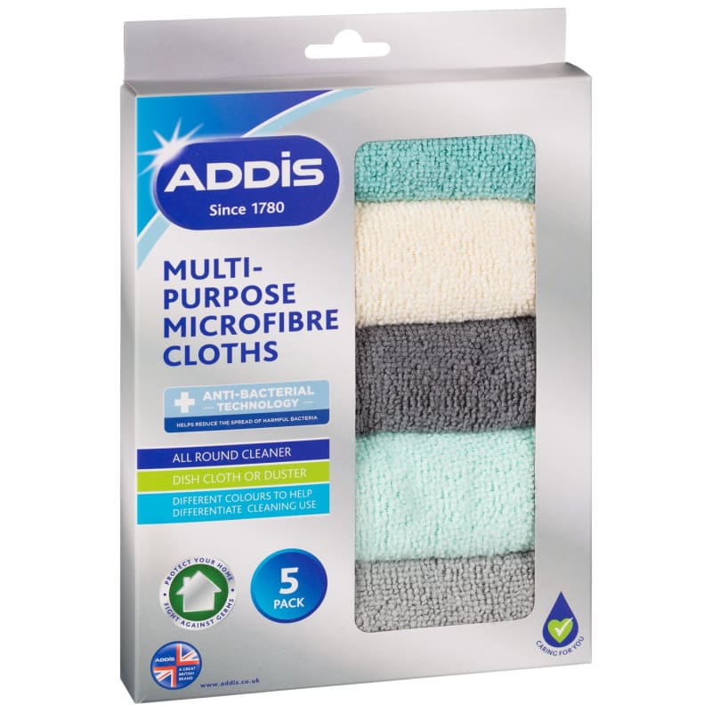 Addis Multi-Purpose Microfibre Anti-Bac Cloths 5pk | Cleaning - B&M