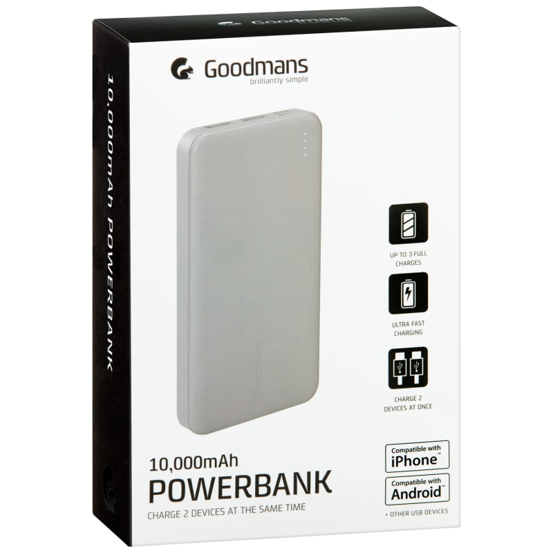 Goodmans Power Bank 10000mAh - Grey | Power Banks - B&M