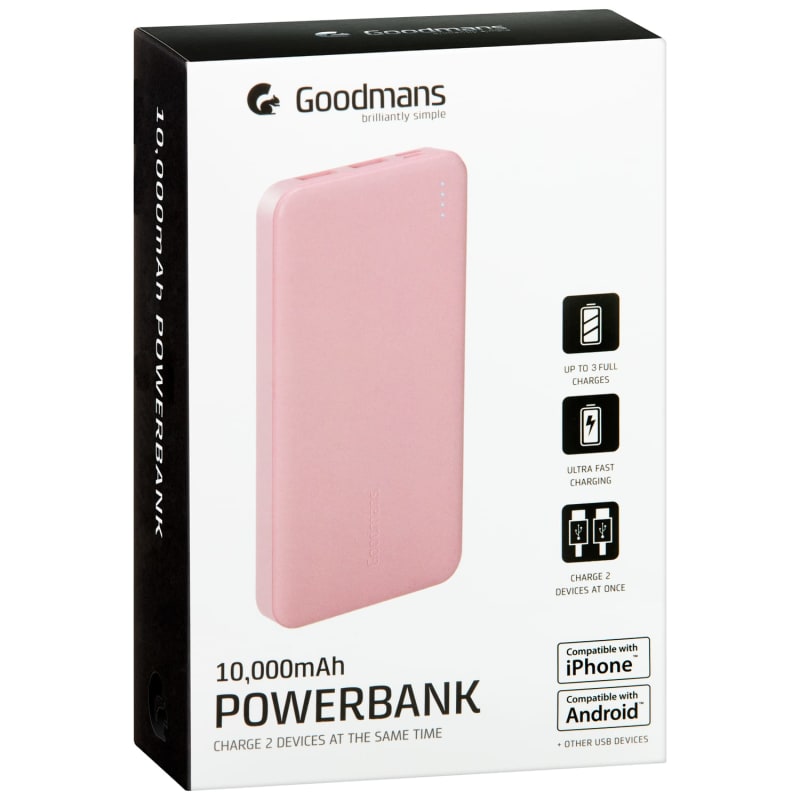 Goodmans Power Bank 10000mAh - Pink | Power Banks - B&M