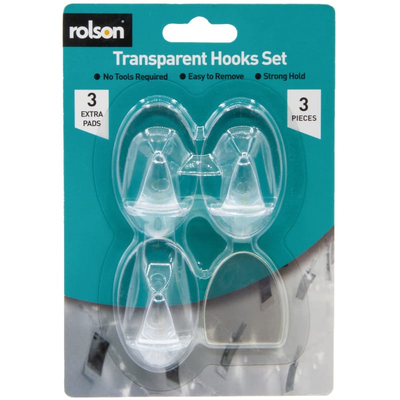 Rolson Transparent Hooks Set 3pk | Tools & Equipment - B&M Stores