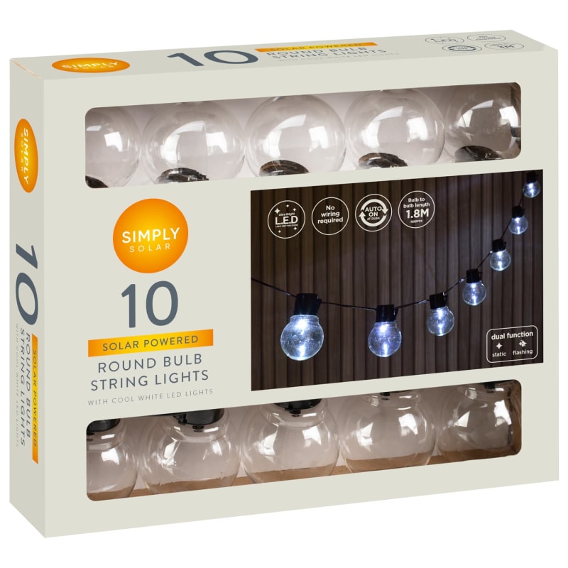 Solar Round String Lights 10pk - Cool White | Solar Lighting | B&M