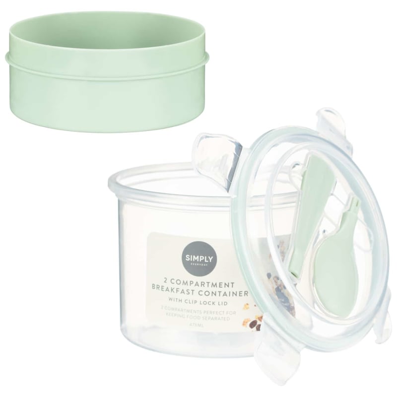 2 Compartment Breakfast Container With Clip Lock Lid - Sage | B&M