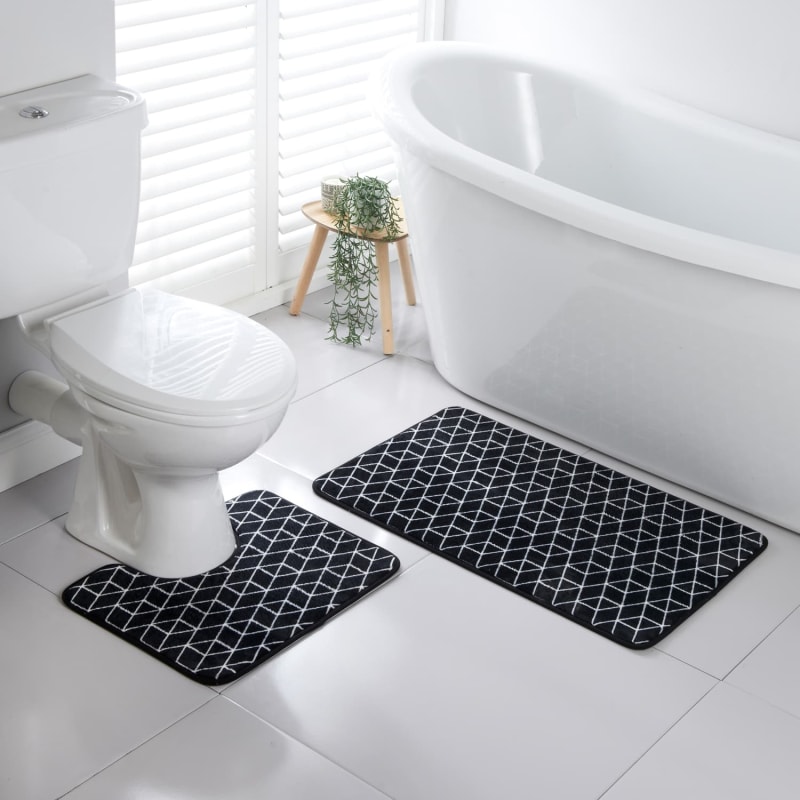 Supersoft 2 Piece Geometric Bathmat Set - Black | Bath & Pedestal Mats ...