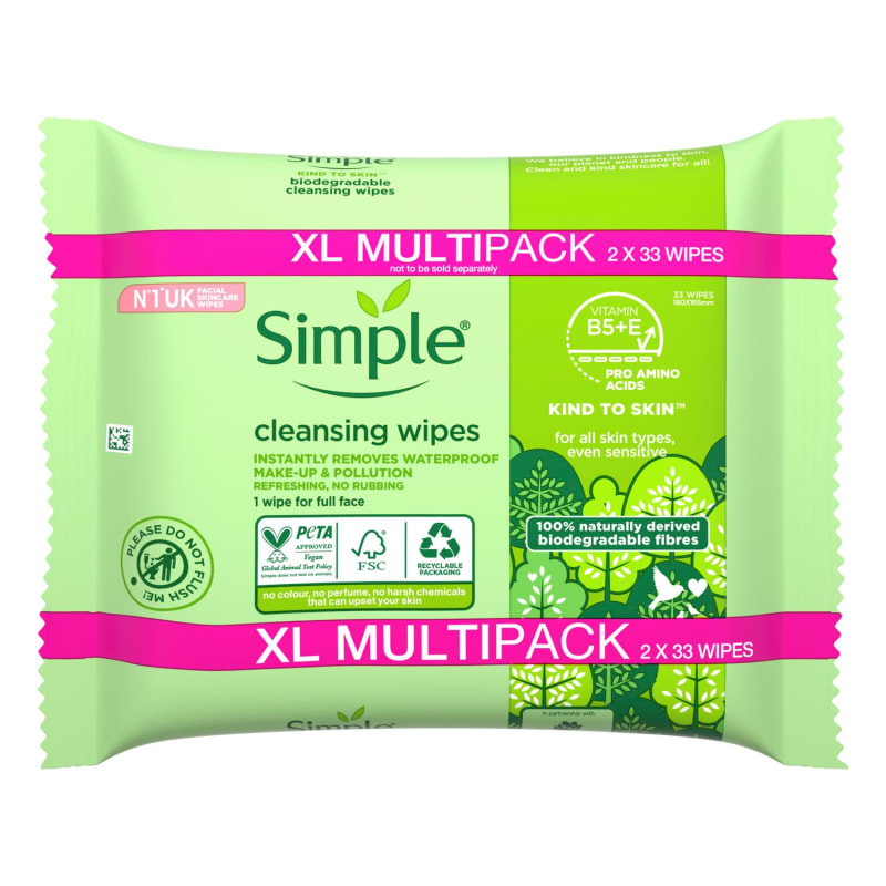 Simple Cleansing Wipes 2 x 33pk | Tone Cleansers - B&M Stores
