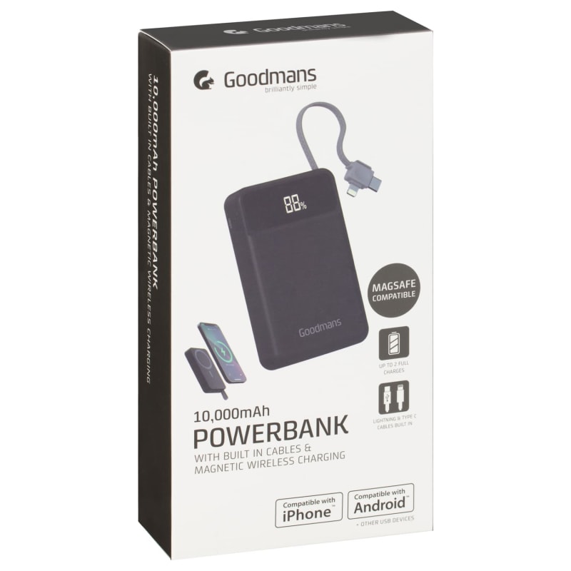 Goodmans Wireless Powerbank with Built-in Cables 10,000mAh | B&M