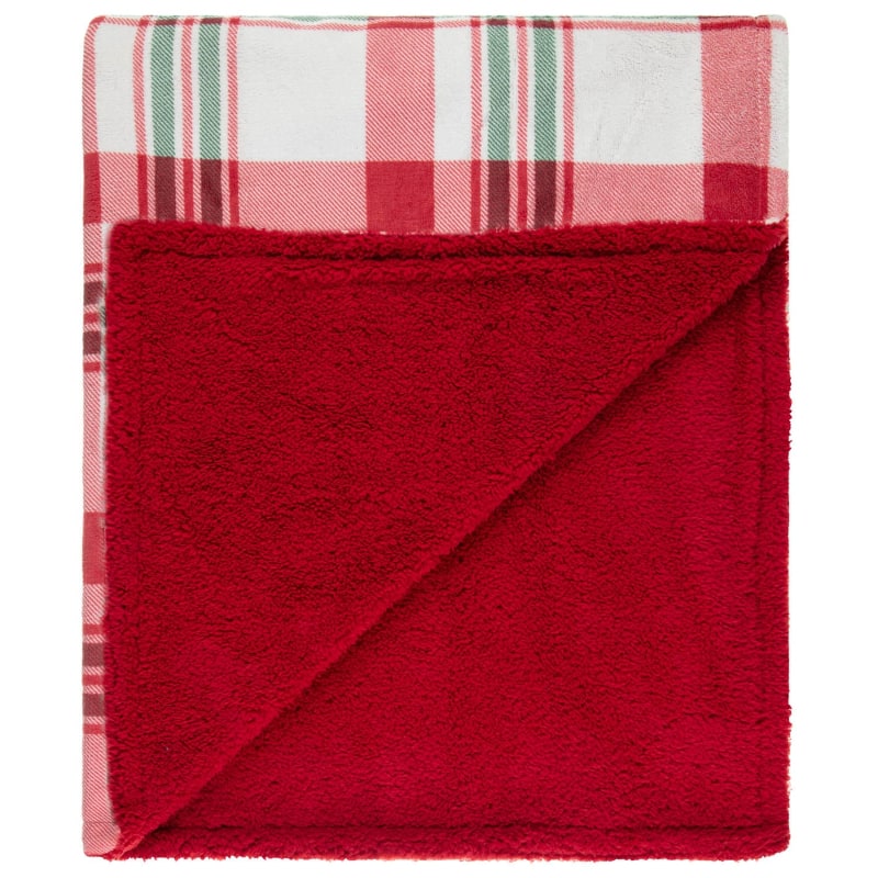 Festive Folklore Check Sherpa Throw - Red | Throws - B&M