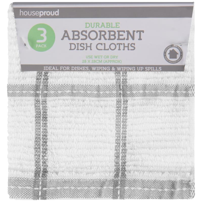 House Proud Durable Absorbent Dish Cloths 3pk - Grey | B&M