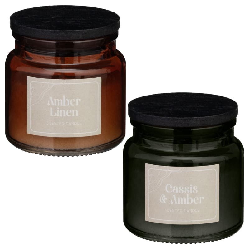 Small Glass Candle With Wooden Lid - Cassis & Amber | B&M