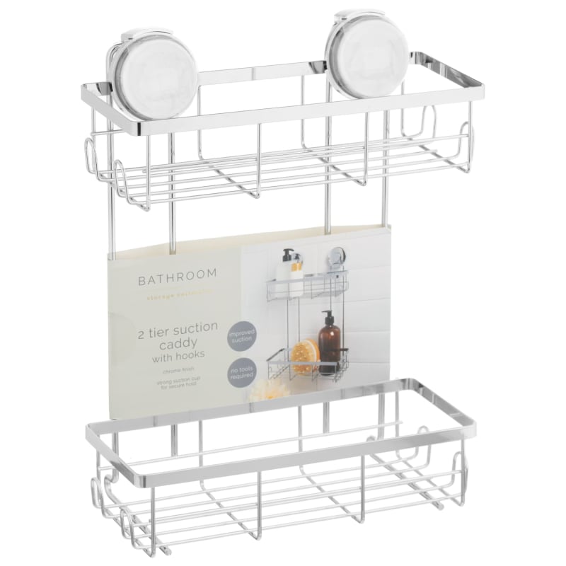 2 Tier Chrome Suction Caddy With Hooks | Bathroom Accessories | B&M