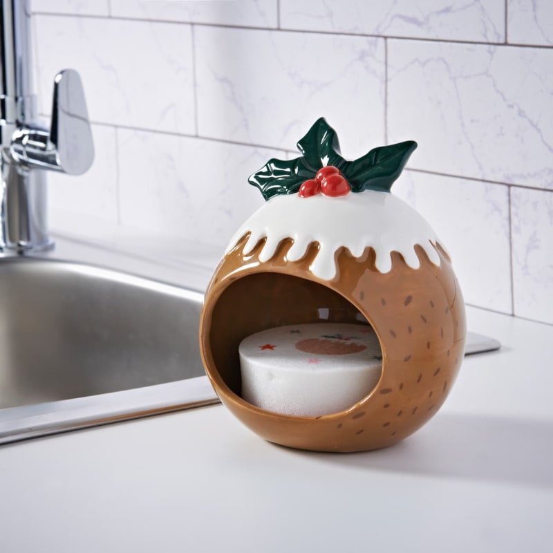 Festive Ceramic Scrubby Holder & Sponge - Pudding | B&M