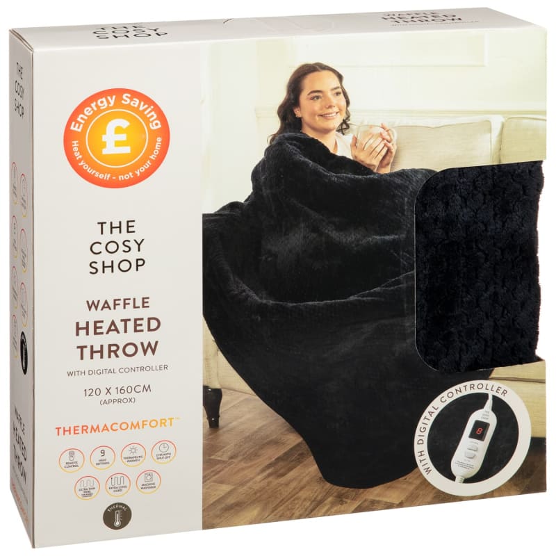 The Cosy Shop Waffle Heated Throw - Black | Throws | B&M