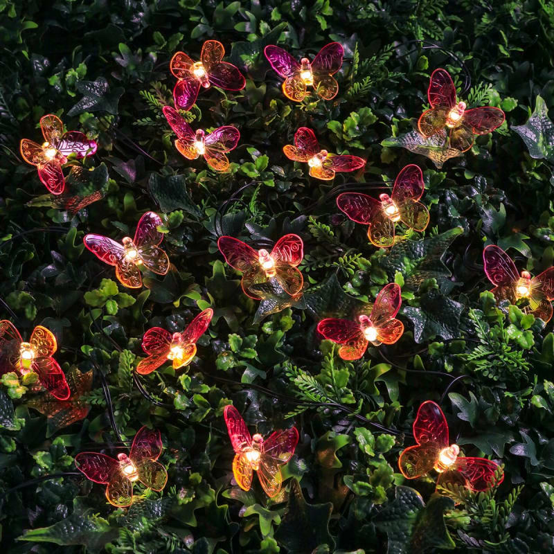 Solar Powered 20 Ombre Butterfly String Lights - Pink | Garden | B&M