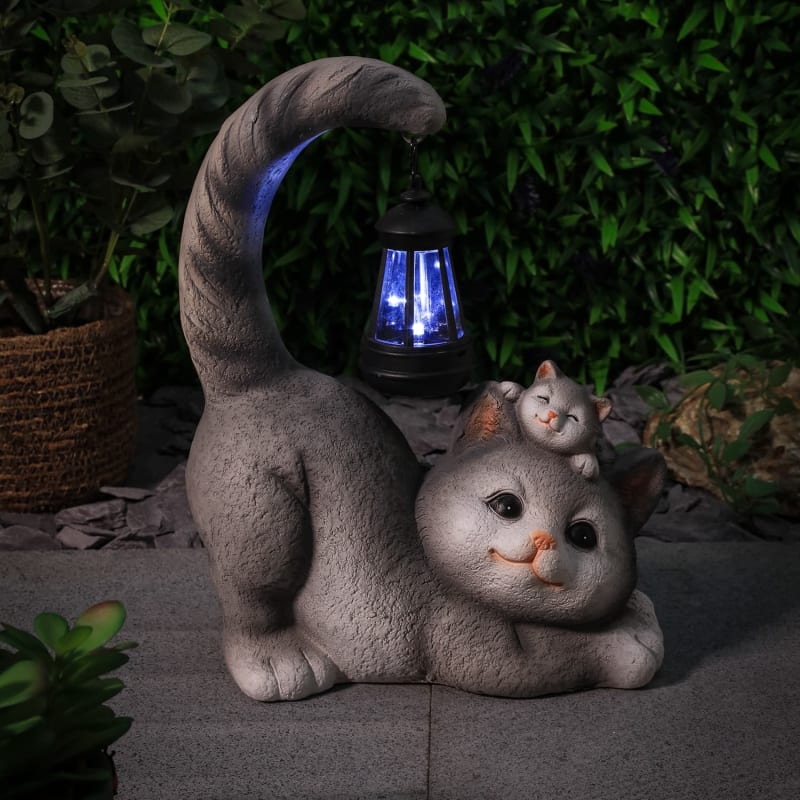 Solar Powered Cats with Lantern | Solar Garden Lighting | B&M