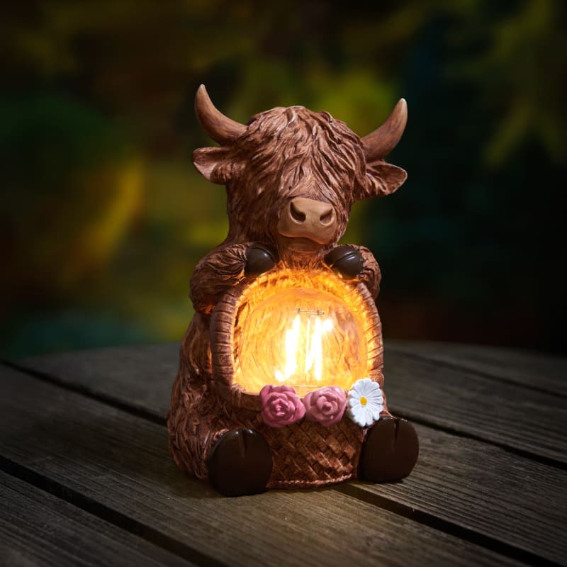 Solar Powered Highland Cow with Basket | Garden Lights | B&M